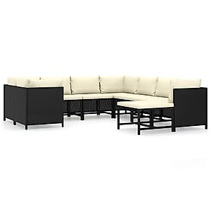 vidaXL Patio Lounge Set 9 Piece, Sectional Sofa for Outdoor, Patio Furniture with Cushions, Footstool, Farmhouse Modern Style, Poly Rattan Black
