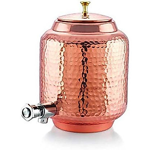 Golden Drops Pure Hammered Copper Water Dispenser with Tap & Stand Matka Water Jug Copper Pot 5 Liter With 2 Copper Hammered Water Glasses, Brown, Dispenser - 5 liter
