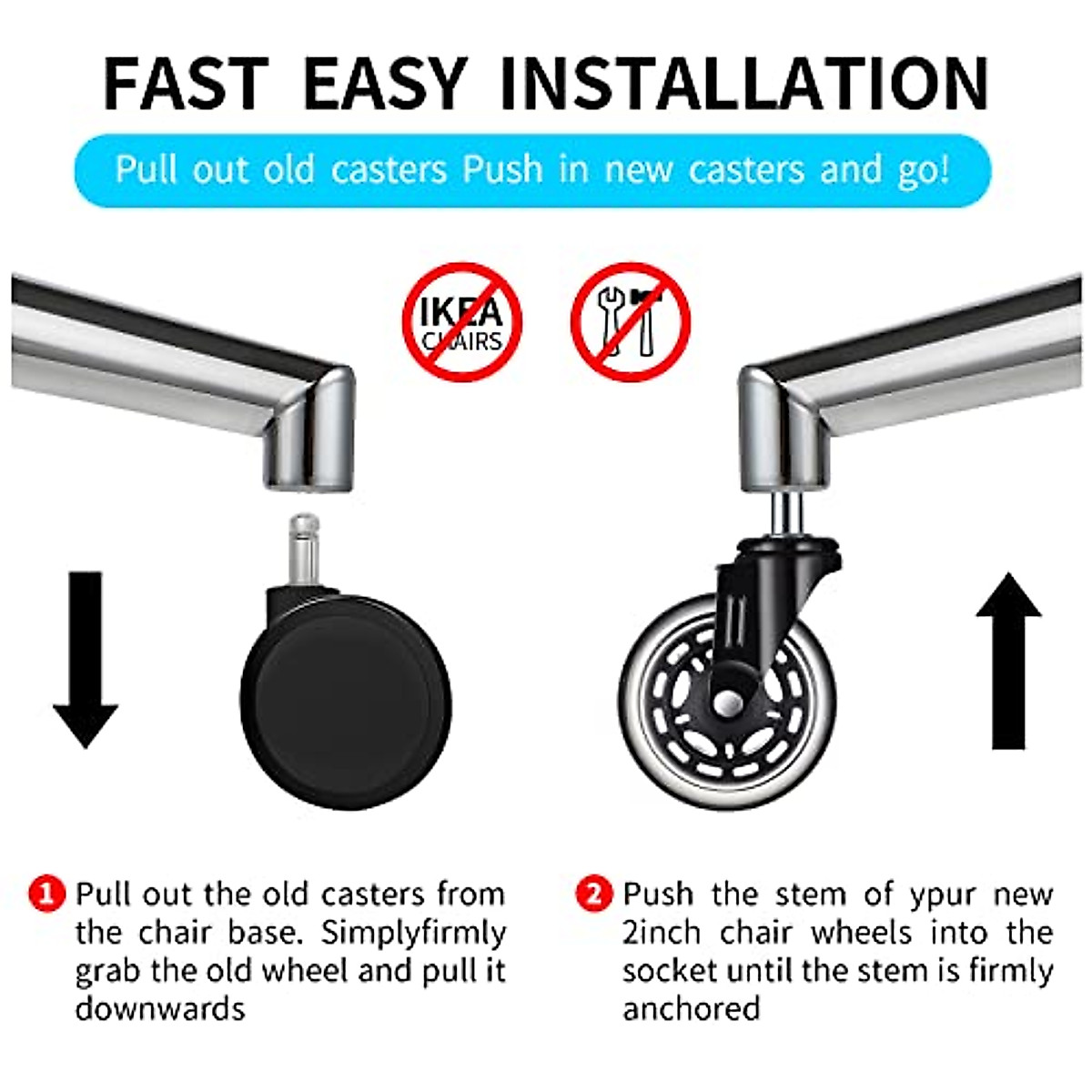 Popolov Office Chair Wheels,Replacement Wheels for Office Chairs,98% Universal Fit Chair Caster,Wheels for Carpet,Hardwood,Tile (3 Inch, Set of 5)