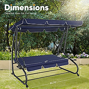Zupapa 2-in-1 Style Convertible Outdoor Patio Swing Chair, Thickened Soft Cushion Lounge Chair to Flat Bed, Adjustable Shading Canopy Swing Sets for Backyard, Porch, Garden, Deck, Balcony - Navy Blue
