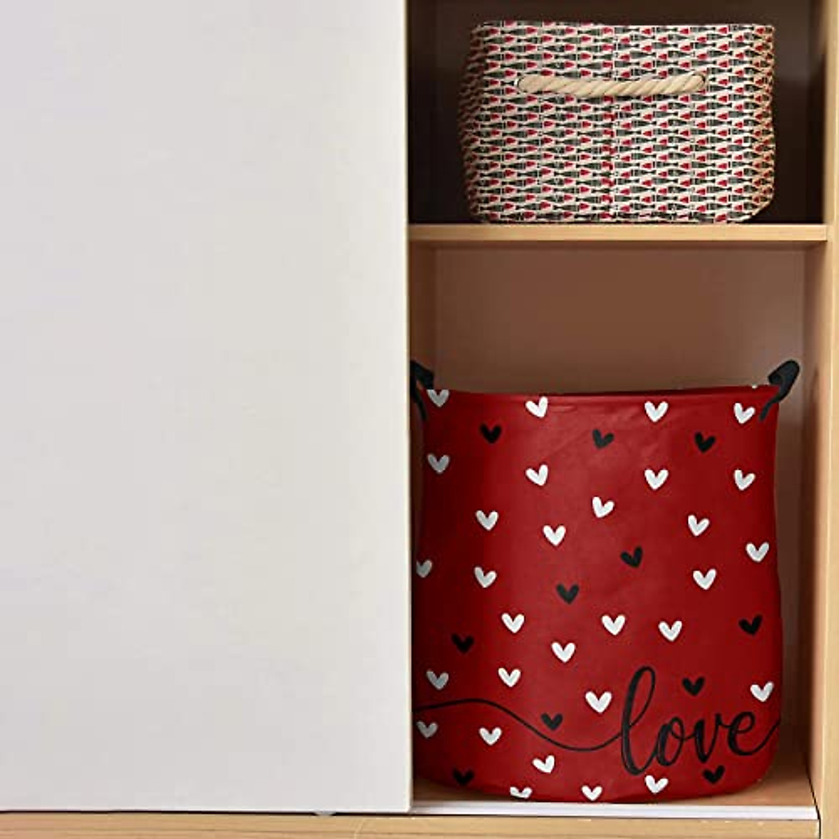 Laundry Baskets with Handles Love Heart Valentine's Day Waterproof Freestanding Laundry Hamper, Round Collapsible Hampers for Bedroom, Laundry, Clothes, Toys Red Black White 16.5x17inch