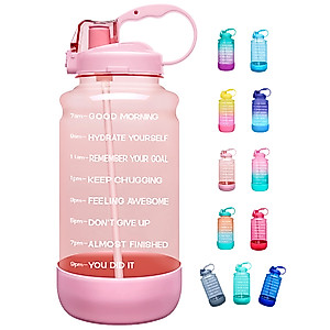 Elvira Half Gallon/64oz Motivational Time Marker Water Bottle with Straw & Protective Silicone Boot, BPA Free Anti-Slip Leakproof for Fitness, Gym and Outdoor Sports