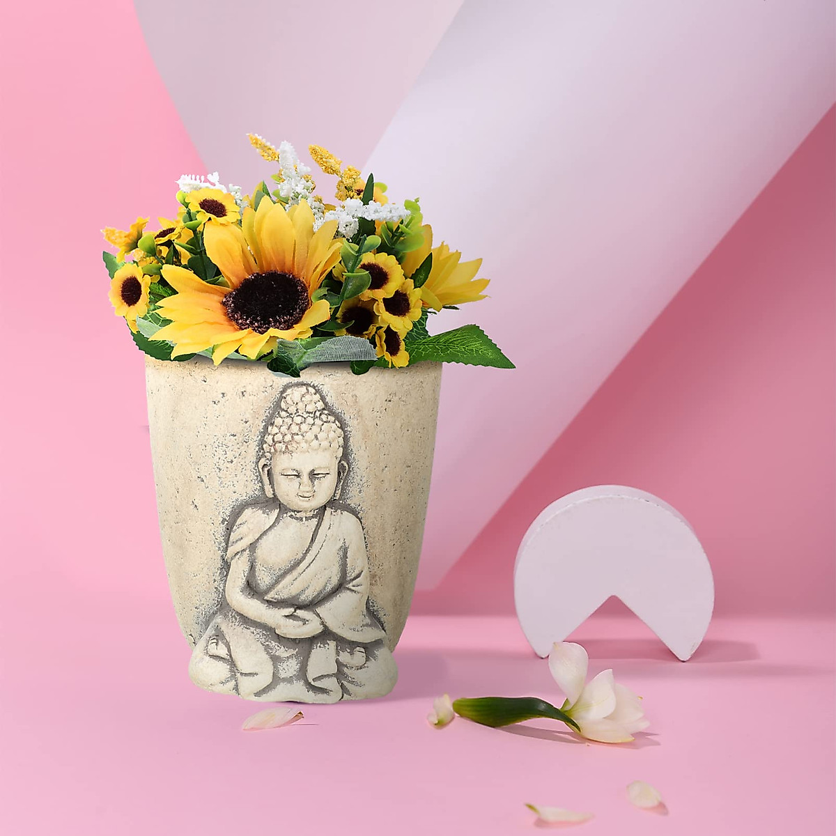 Zerodeko Buddha Head Planter Pot Cement Face Planter Zen Succulent Plant Pot Decorative Artificial Flower Vase Bonsai Holder for Indoor Outdoor Home Decoration Khaki