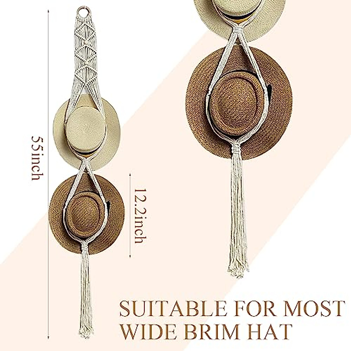 LINXIU Macrame Hat Hangers Boho Hat Rack for Wall Decorative Bohemian Women Cowboy Hats Holder Organizer for Wide Brim Fedoras Caps(2 Hats Style)