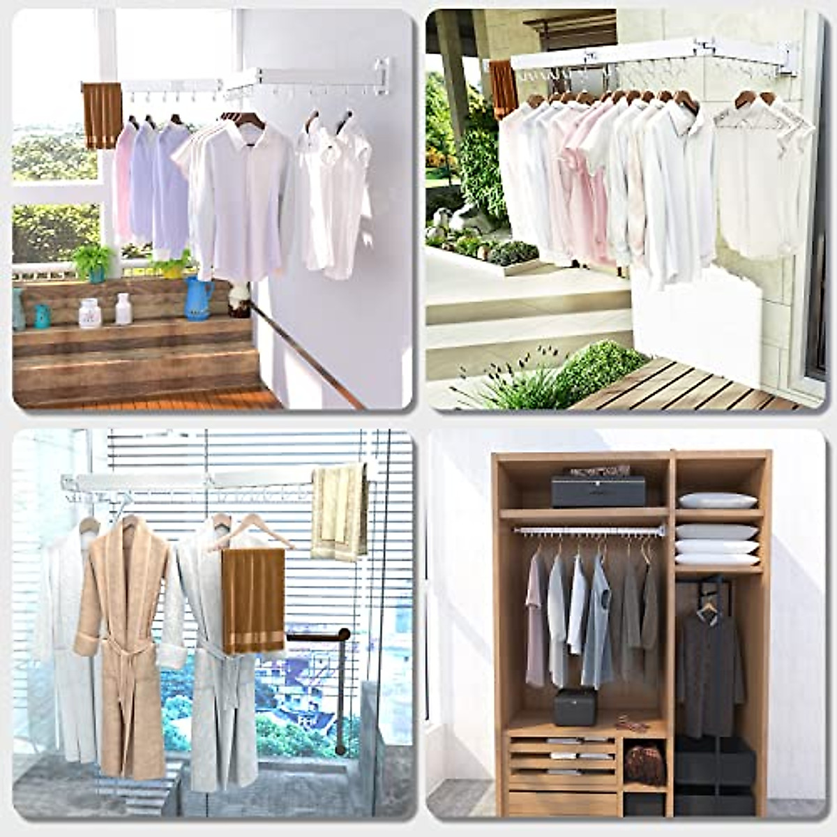 Kelisiting Retractable Clothes Drying Rack-3 Fold White Laundry Drying Rack,Wall Mounted Clothes Hanger,Space Saver,Foldable Durable,for Balcony,Laundry,Bathroom,Patio,Apartment,Dormitory