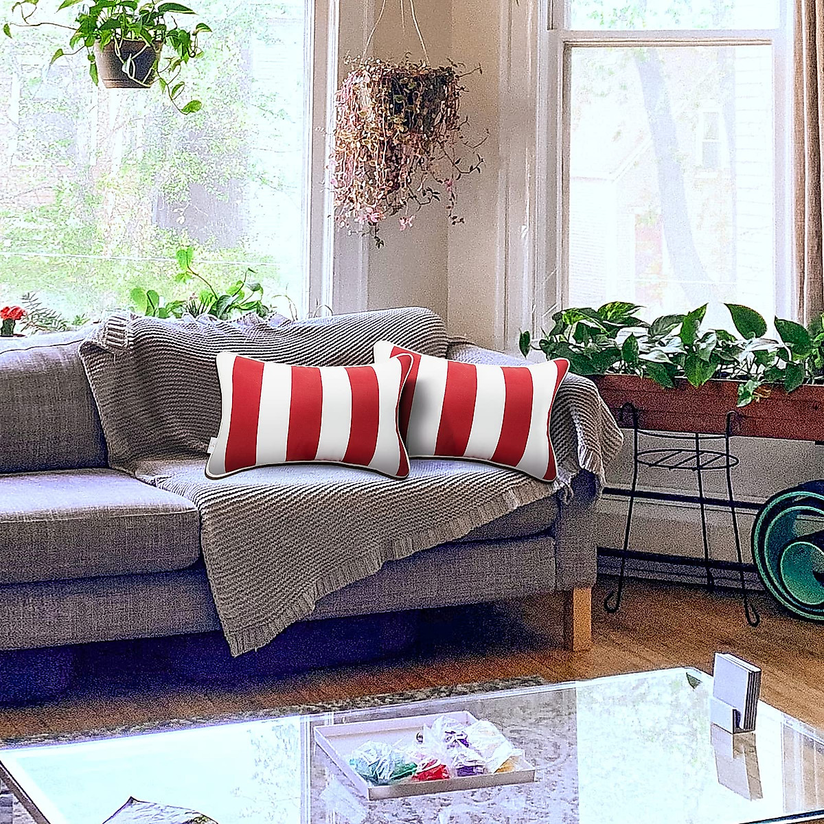 JMGBird Outdoor Lumbar Pillows, Waterproof Throw Pillows with Insert, Pack of 2, 12×20 Inch- Add a Pop of Color Outdoors (Red and White)