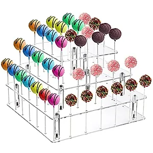 Frcctre 3 Tier Acrylic Cake Pop Display Stand, 56 Holes Clear Acrylic Lollipop Holder Square Cupcake Dessert Candy Holder for Wedding Baby Shower Birthday Parties Anniversaries