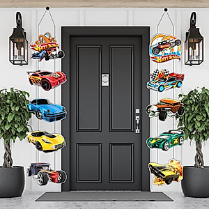 Hot Cars Porch Sign Door Hanging Banner, Cars Themed Birthday Party Supplies for Boys and Girls Kids Party Decorations Decor