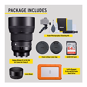 Sigma 85mm f/1.4 DG DN Art Lens for Sony E Bundle with Rugged Mini 1TB Hard Drive and 64GB SD Card (4 Items)