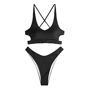 ZAFUL Women's Cutout Bikini Scoop Neck Ribbed High Cut Bikini Sets Two Piece Swimsuit (2-Black, M)