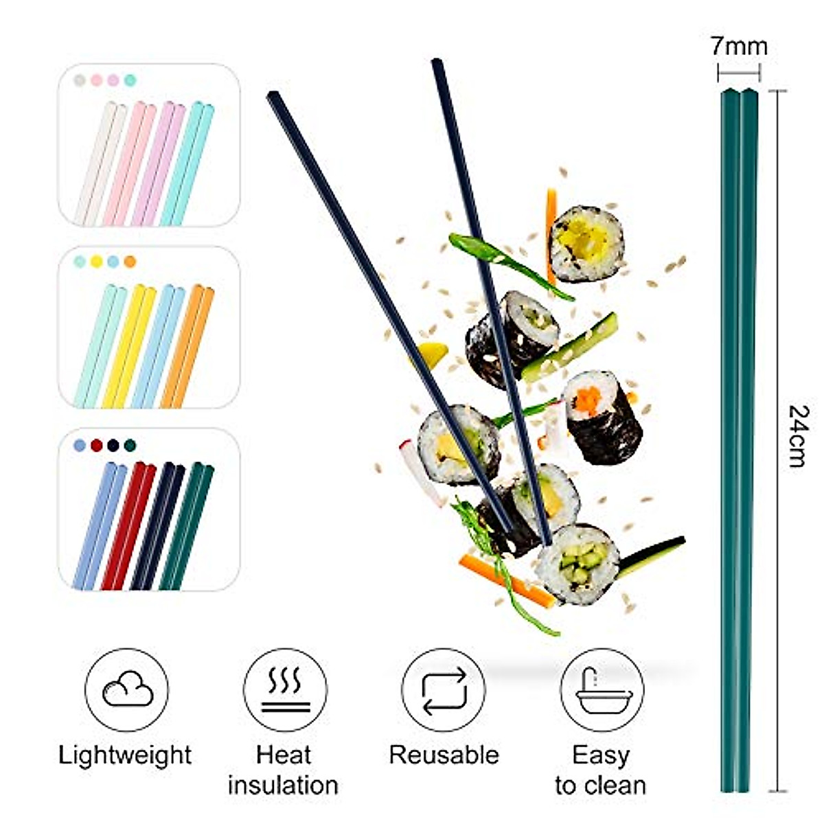 Boao 12 Pairs Reusable Fiberglass Chopsticks, Dishwasher Safe Lightweight Chopsticks Set (Multicolor)