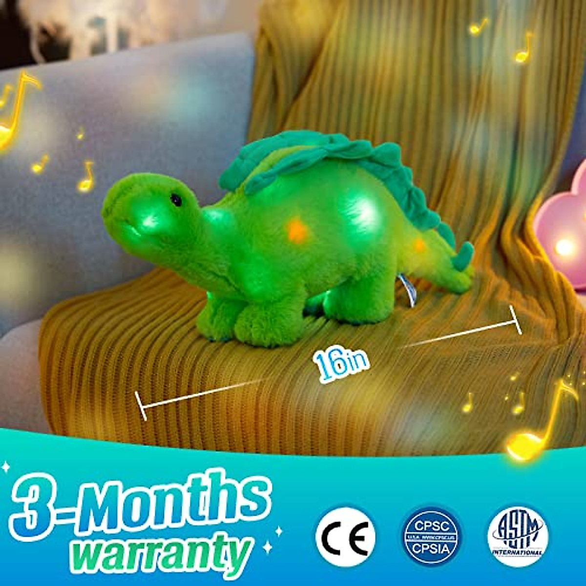 Glow Guards Light up Musical Dinosaur Stuffed Animal LED Singing Soft Stegosaurus Plush Toy with Night Lights Lullabies Ideal Birthday Children's Day for Toddler Kids, 16''