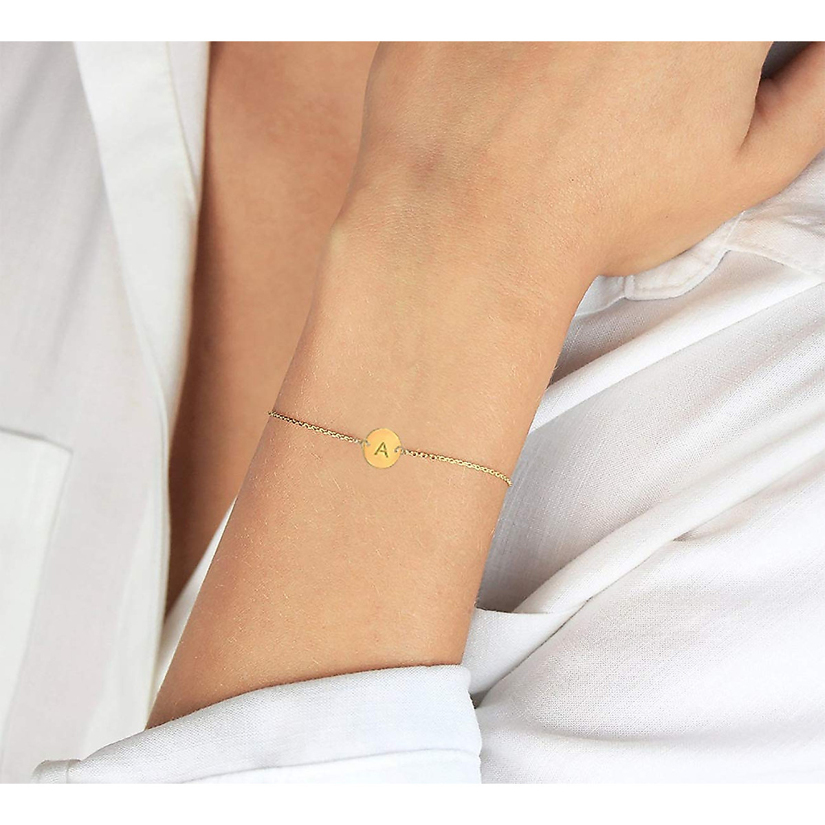 Personalized Initial Bracelet, 18K Gold Plated Stainless Steel Letter C Bracelet Dainty Coin Charm Bracelet Delicate Disc Name Bracelet for Women