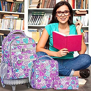 FTJCF 3pcs Rolling Backpack for Women, 21 Inche Adult Bag with Roller Wheels, Wheeled Bookbag Set for Girls - PinkGrey