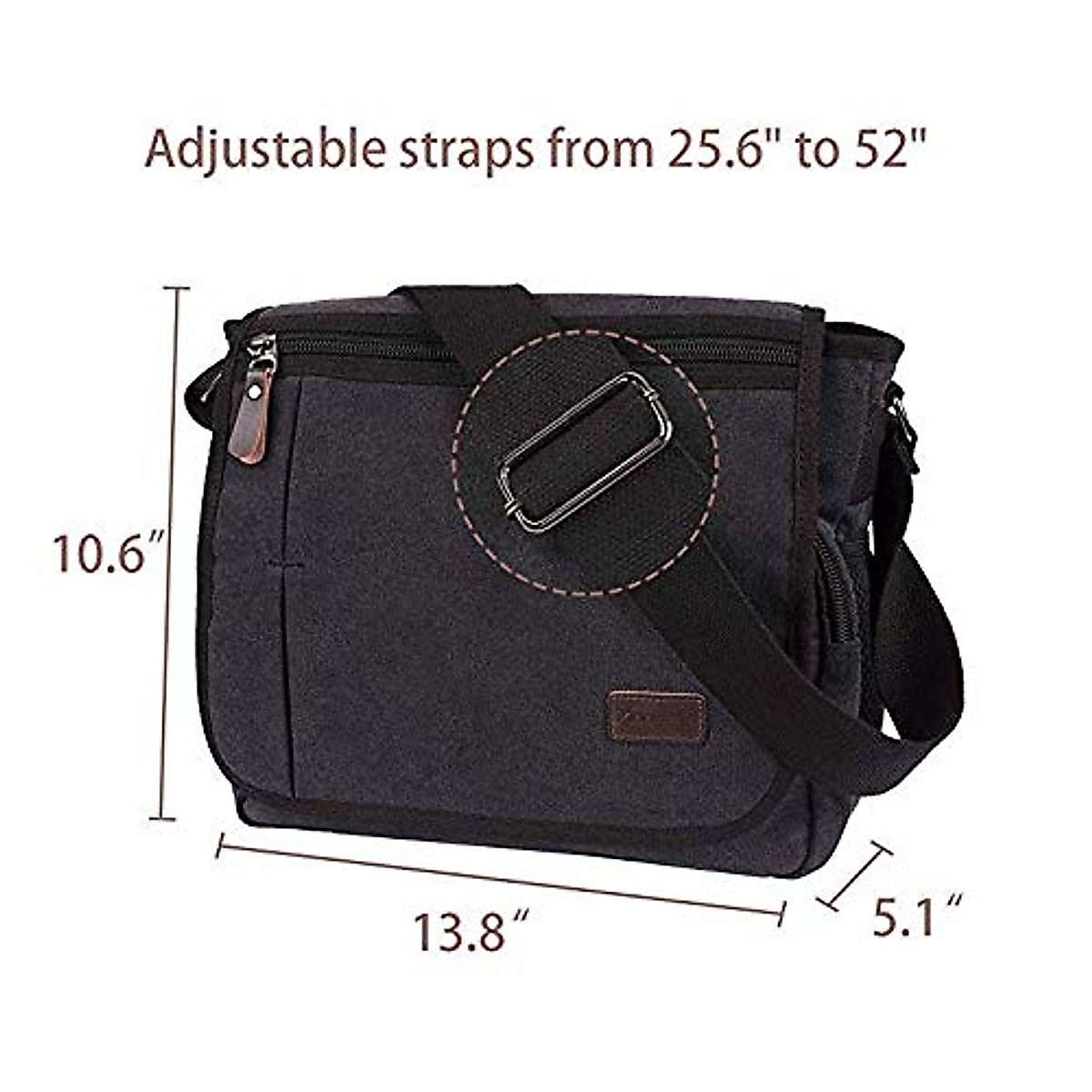 Modoker Messenger Bag for Men Women, 13 Inches Laptop Satchel Bags, Canvas Shoulder Bag with Bottle Pocket, Black