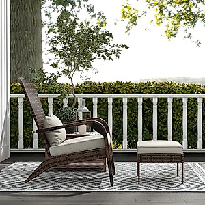 Outsunny Patio Wicker Adirondack Chair with Ottoman, Outdoor Fire Pit Chair with Cushions, High-Back, Large Seat & Armrests for Deck, Garden & Backyard, Cream White