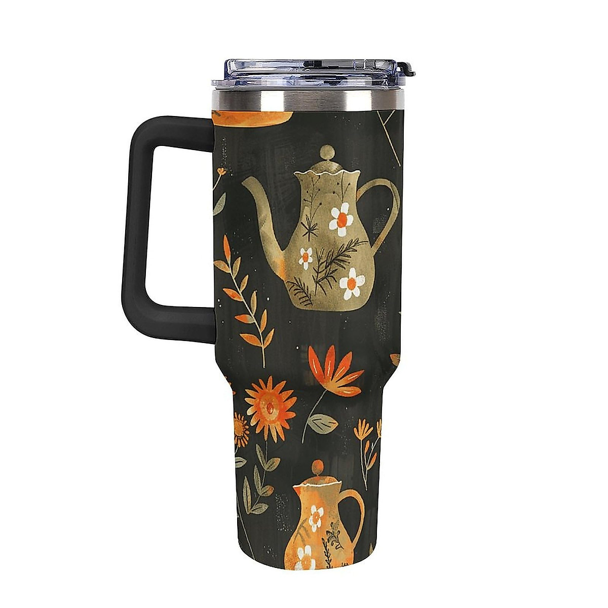 YTLKGFP 40 Oz Large Capacity Car Cup Plants And Teapot Tumbler with Handle (Black) Straw Lid Insulated Stainless Steel Water Bottle Travel Mug Leak-proof Car Cup Keeps Cold Or Hot