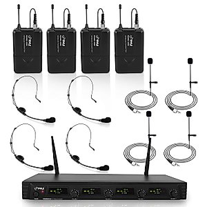Pyle 4 Channel UHF Wireless Microphone System & Rack Mountable Base 4 Headsets, 4 Belt Packs, 4 Lavelier/Lapel MIC With Independent Volume Controls AF & RF Signal Indicators (PDWM4560),Black