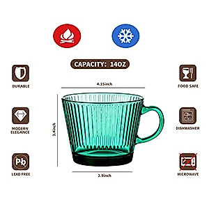 Buaic Glass Coffee Mugs, 14 Oz Set of 2 Vertical Stripes Green Glass Cups Stackable Coffee Cups, Tea Cups, Vintage Mugs for Cappuccino, Latte,Cereal,Beverage Hot/Cold Birthday Day Gifts