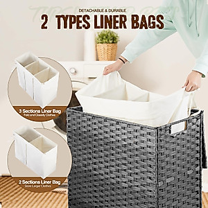Greenstell Laundry Hamper with Lid, 125L Large Clothes Hamper with 3 Section & 2 Section Removable Liner Bags & 5 Mesh Laundry Bags, Handwoven Synthetic Rattan Divided Laundry Basket, Gray