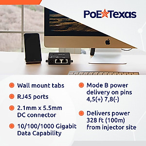 Poe Texas PoE Injector - Single Port Power Over Ethernet Passive PoE Adapter - 10/100/1000 Gigabit Data Accepts 12v to 56v DC - Plug & Play Home Office VoIP Phone WiFi AP - Power Supply Not Included