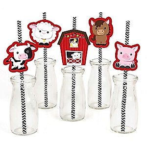 Farm Animals Paper Straw Decor - Baby Shower or Birthday Party Striped Decorative Straws - Set of 24