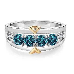 Gem Stone King 1.37 Ct Round London Blue Topaz 925 Silver and 10K Yellow Gold 4-Stone Lab Grown Diamond Band Ring (Size 7)