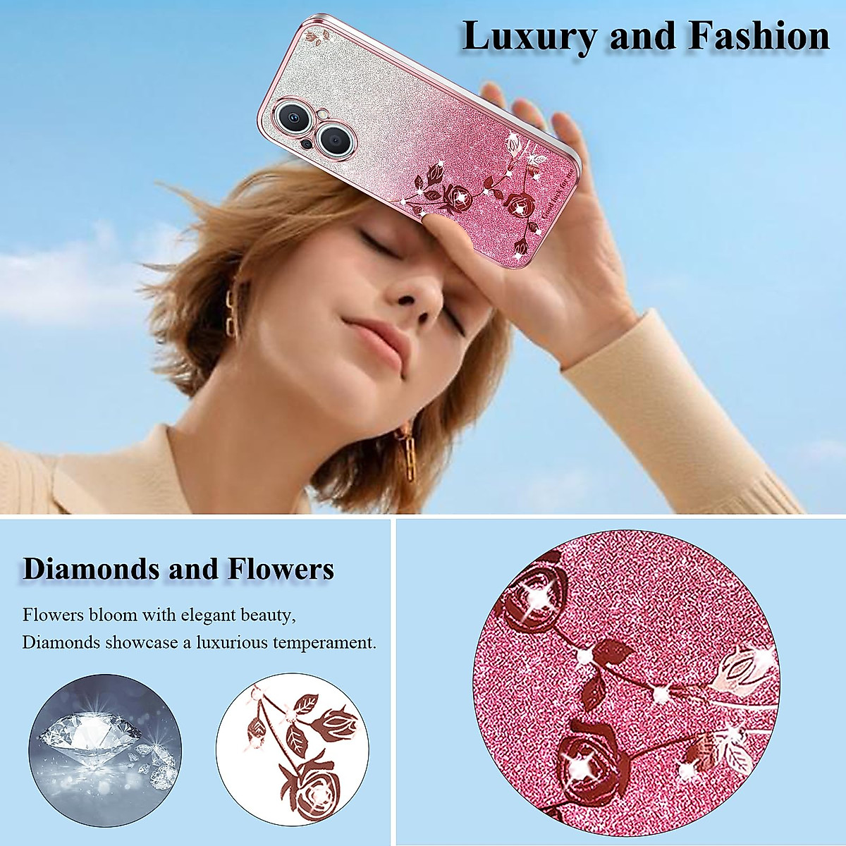 Yarxiawin for Oneplus Nord N20 5g Case Clear Glitter Glossy, Aesthetic Oneplus Nord N20 5g Phone Case Silicone Soft Flower Shockproof Oppo Reno 8 Lite 5g Cover Purple Slim (Pink)