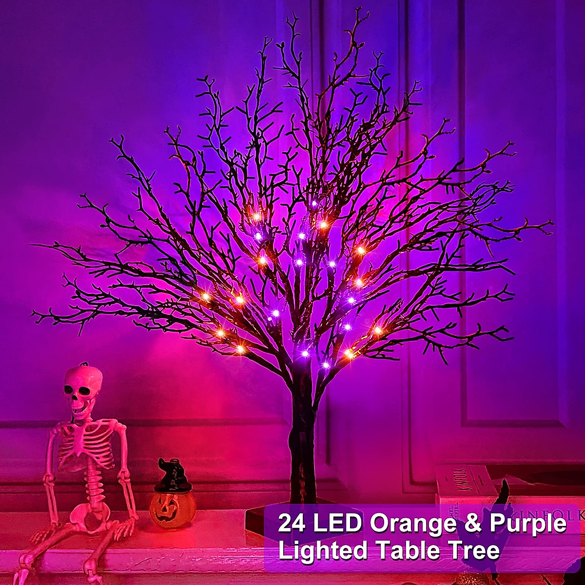 [ Timer ] 24 Inch Orange & Purple Lighted Halloween Tree with 24 LED Black Twigs Tree Lights Battery Operated Tabletop Halloween Spooky Tree Decorations for Indoor Home Party Holiday Festival Decor