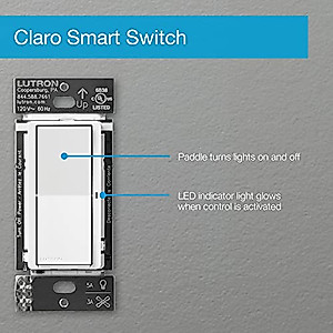 Lutron Claro Smart Switch with Wallplate for Caséta Smart Lighting, for On/Off Control of Lights or Fans | Neutral Wire Required | DVRFW-5NS-WH-A | White