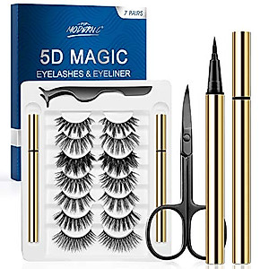 MAgic Magnetic Eyelashes and Eyeliner Kit 3D 5D Natural Look False Lashes No Glue Needed NO Magnetic Need NO Add Weight 7 Pairs Eyelash Kityeliner Pen (Blue)