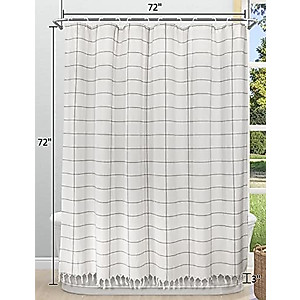 SUMGAR Cotton Shower Curtain Boho Farmhouse Shower Curtains for Bathroom with Tassels & Hooks, White Fabric Grey Checkered Bohemian Fringe Shower Curtain Set, 72" x 72"