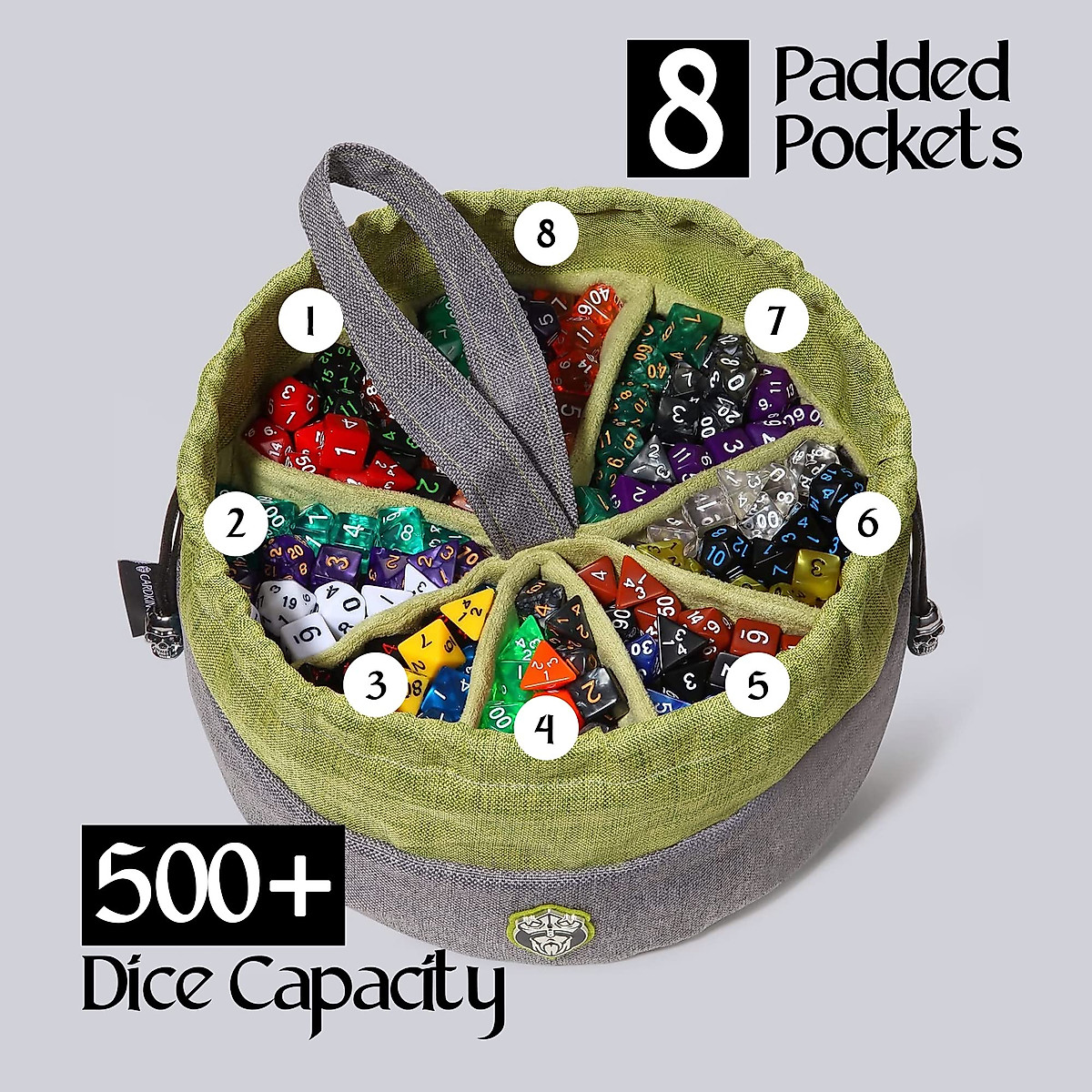 CardKingPro Monstrous - Dice Bag with 8 Pockets - Gray/Green - Huge Capacity 500+ Dice - Great for Dice Hoarders