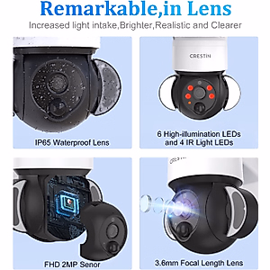 CRESTIN Solar Security Camera Wireless Outdoor, Pan Tilt 360° 2MP Solar Powered Security Camera&Battery Powered, 98ft Night Vision WiFi Wireless Came