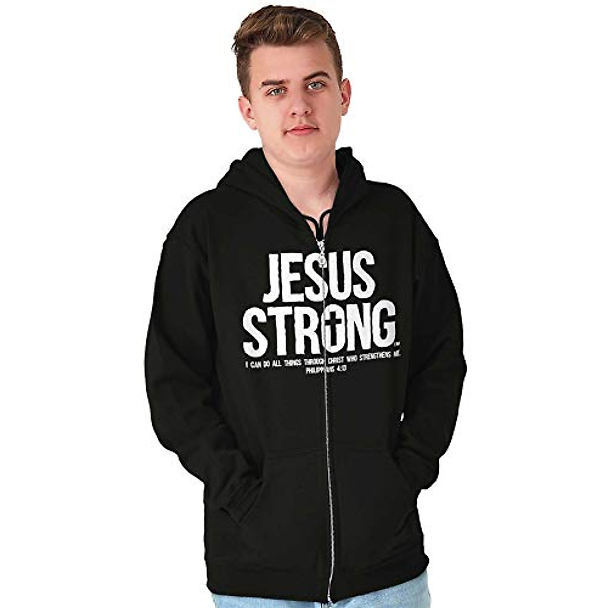 Jesus Strong Philippians 4:13 Bible Zip Up Hoodie Mens Womens Black