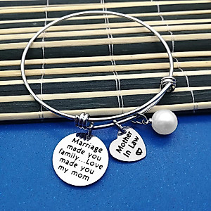 Mother-In-Law Gift Charm Bracelet Adjustable Marriage Made You Family Love Made You My Mom Wire Bangle Bracelet Keychain for Stepmom Mother of the Groom Mother of the Bride Birthday Wedding