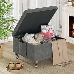 DKLGG Large Square Storage Ottoman Tufted, Oversized Ottoman Coffee Table for Living Room, Velvet Upholstered Ottoman with Storage, Grey Ottoman Bench for Bedroom