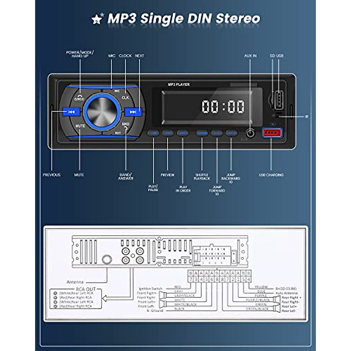 Roinvou Car Radio Bluetooth Single DIN Car Stereo Audio, MP3 Player Car Stereo 1 DIN with Bluetooth Handsfree/FM/Dual USB/TF/AUX/Fast Charging, Built-in Microphone, Multi Color LCD, Not a CD Player