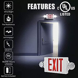 Pendtlit Red LED Exit Sign Emergency Lights with 2 Adjustable Head Lights, Red Letter Emergency Exit Lighting With Battery backup For Restaurant, Commercial, Family Emergency , UL-Listed, 120-277V, 6PCS