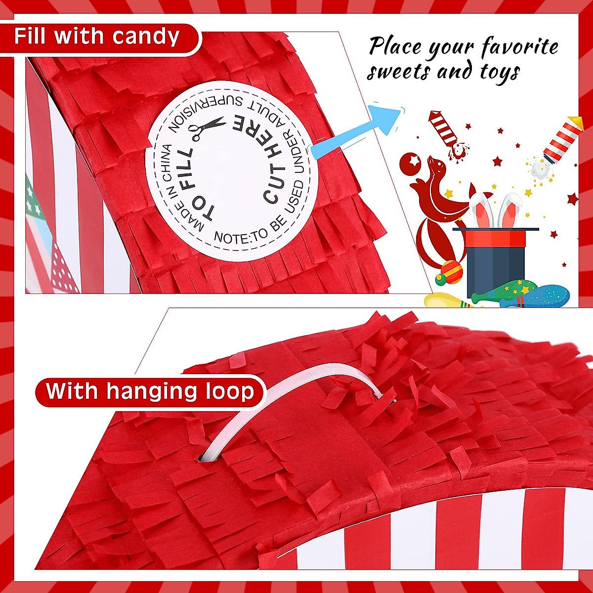 Deekin Carnival Pull String Piñata Circus Tent Piñata with Blindfold Piñata Stick and Confetti Large Carnival Piñata for Birthday Party Circus Carnival Party Decorations Supplies for Kids Baby Shower