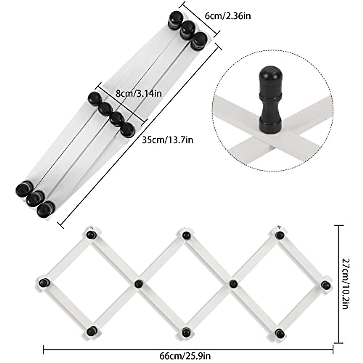 CILXGQLN 2 Pack Expandable Coat Rack Hat Hangers for Wall, Accordion Wall Hangers, Wooden Hat Rack Wall Mounted, 10 Peg Hooks for Keys, Hat, Bags, Coats, Towels, Umbrella, Necklaces, White