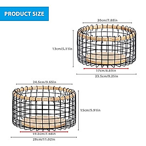 Bamboo Fruit Basket, 2 PCS Fruit Storage Basket Countertop for Kitchen, Counter Metal Wire Vegetable Produce Storage Baskets for Kitchen, Fruits Stand Holder Organizer for Bread Snack Veggies, Black