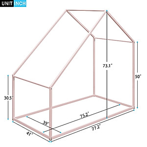 Montessori Floor Bed with Roof, Heavy Duty Metal Floor Bed/Montessori Bed with Playhouse Design, Twin Floor Bed for Kids, Girls, Boys(Not Include Slats), Pink Floor Bed Twin Size