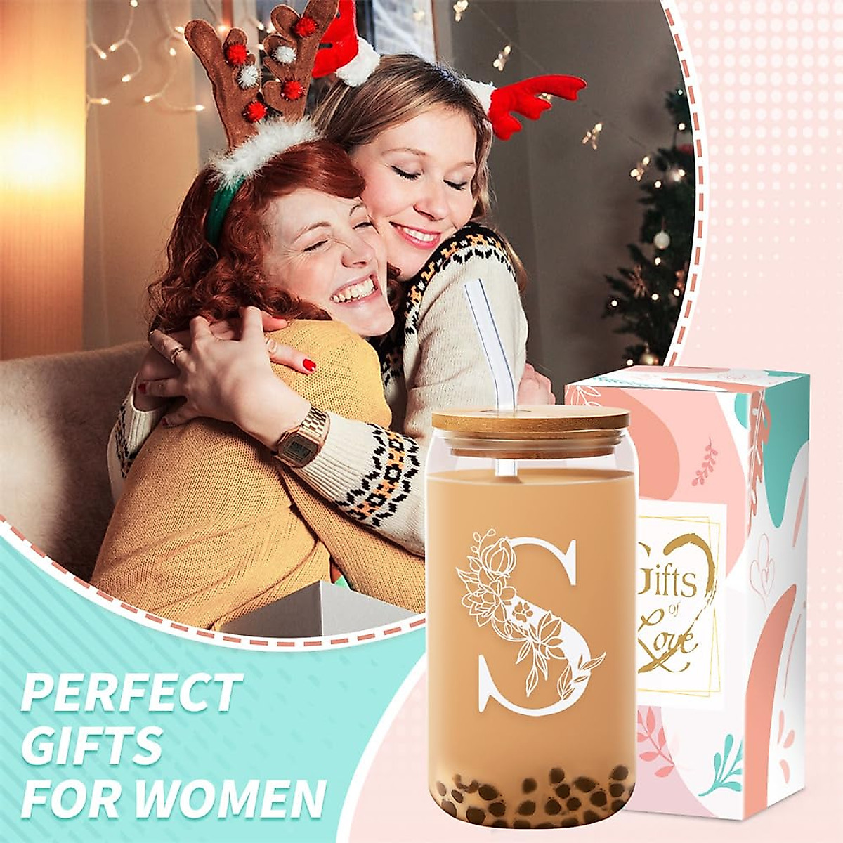 Glass Cup Birthday gifts for Women Personalized Monogram Gift for Women - 16 oz Clear Bamboo Glass Cups with Lid Straws Gifts for Mothers Day for Friends Teacher Nurse Mom Sister Aunt Letter S