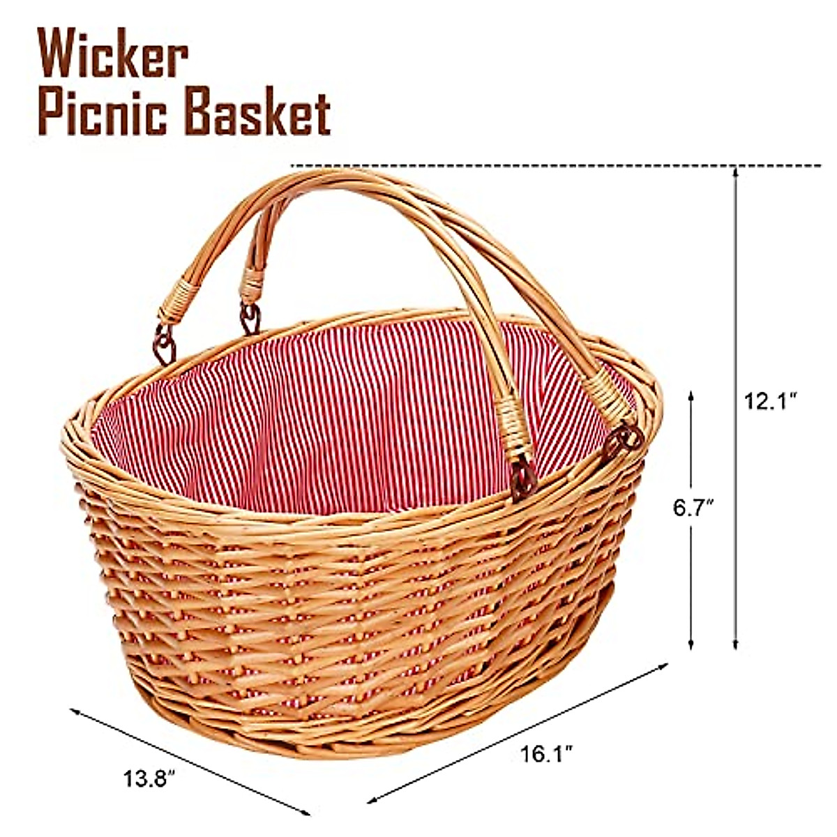 TwentyNext Wicker Picnic Basket with Double Folding Handles, Natural Large Willow Hamper Empty Basket Cheap Easter Eggs Candy Storage Wine Basket for Toy, Flower, Wedding Gifts（Red Stripe L）