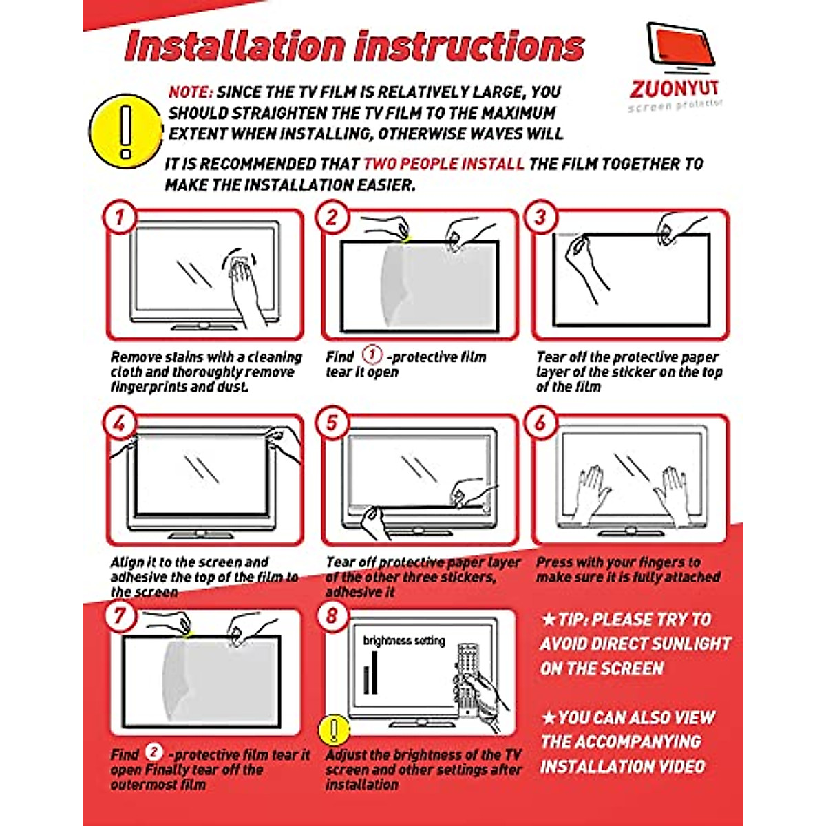 ZUONYUT Anti Glare Film for TV 65 Inch, 65 inch Anti Glare TV Screen Protector, 65 Inch Anti Blue Light Filter,LCD TV Glare Shield, Reduce Reflection and Glare, Matte Surface Anti Scratch and UV