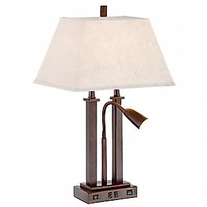 Possini Euro Design Deacon Modern Desk Table Lamp with USB and AC Power Outlet in Base Gooseneck LED 26" High Bronze Rectangular Linen Shade for Living Room Bedroom House Bedside Nightstand Home