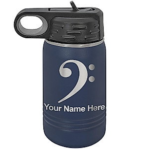 LaserGram Personalized Water Bottle, Bass Clef, Stainless Steel Double Wall Vacuum Insulated with Flip Top Straw, Custom Engraved Gift (12oz / 335ml Navy Blue)