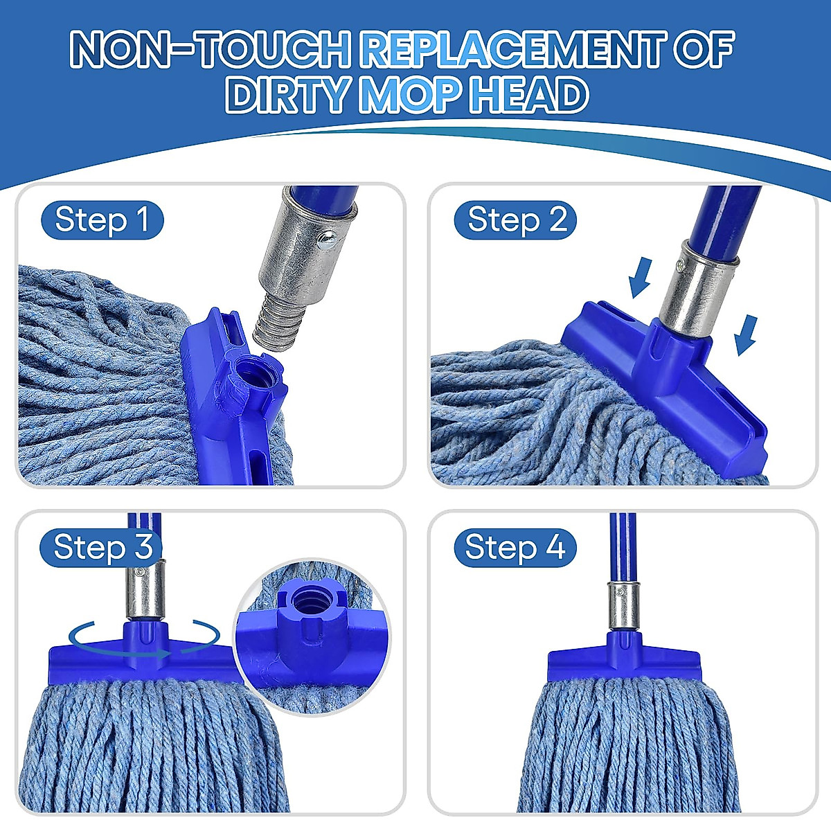 Matthew Cleaning Screw-on Heavy Duty Cotton Wet Mop Replacement Heads(Blue, Large,3Pack) with 2 Pack Microfiber Cloth for Residential & Commercial Floor Cleaning Use- Fit Standard American Screw