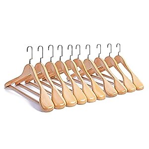 Wooden Hangers Wide Shoulder Wood Hangers 10 Pack Coat Hangers Suit Hangers with Non Slip Pant Bar Smooth Finish 360° Swivel Hook Solid Wood Hangers for Dress, Jacket, Sweater, Pants, Suit